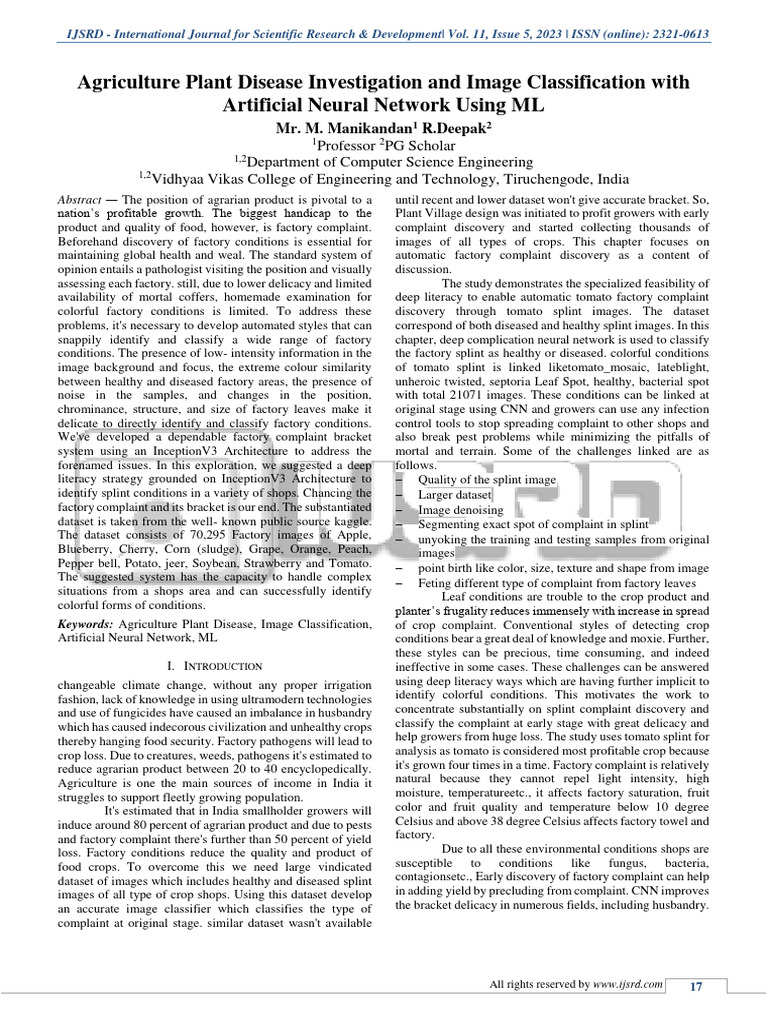 Agriculture Plant Disease Investigation and Image Classification with Artificial Neural Network ...