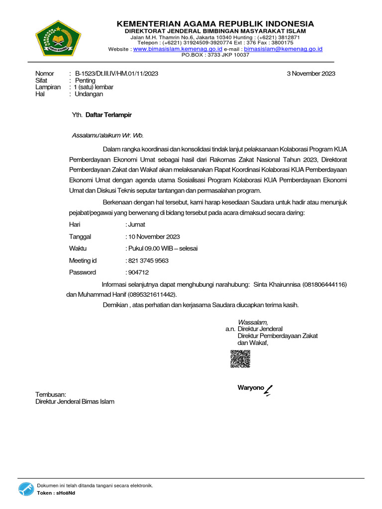 TTE - Surat Undangan Rapat Koordinasi Kolaborasi KUA | PDF