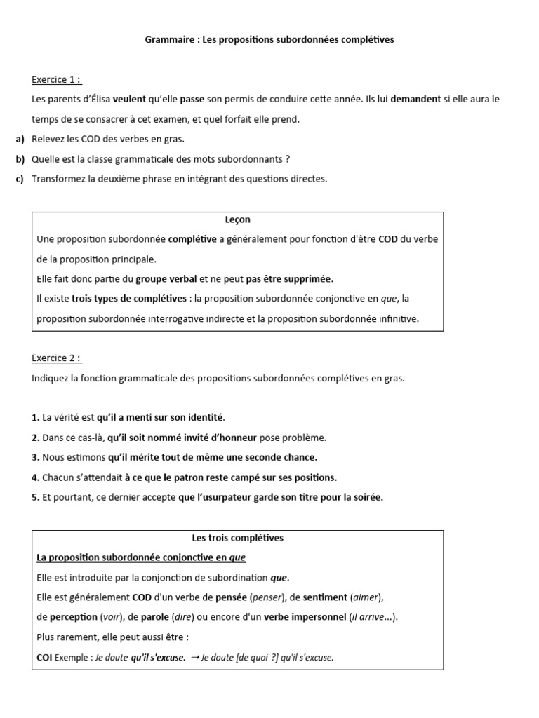 Exercices sur les subordonnées complétives | PDF | Clause | Question
