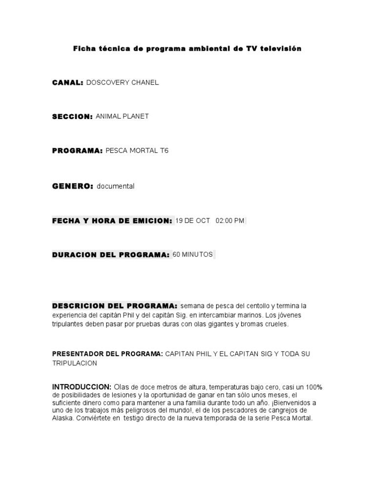 Ficha técnica de programa ambiental de TV televisión | Naturaleza