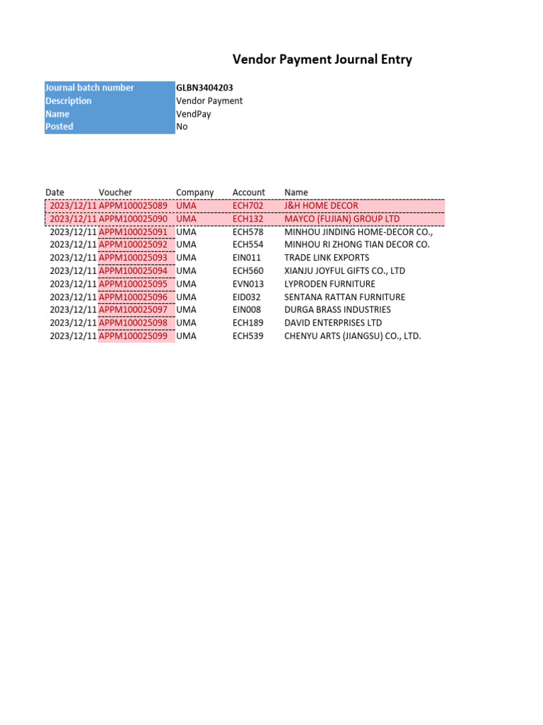 Vendor Payment Journal Entry: Journal Batch Number Description Name ...