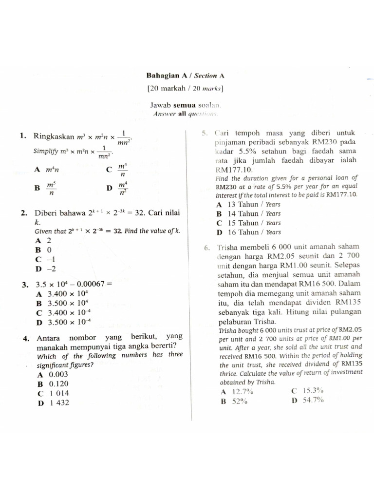 Koleksi Soalan Objektif Math Tingkatan 3 | PDF