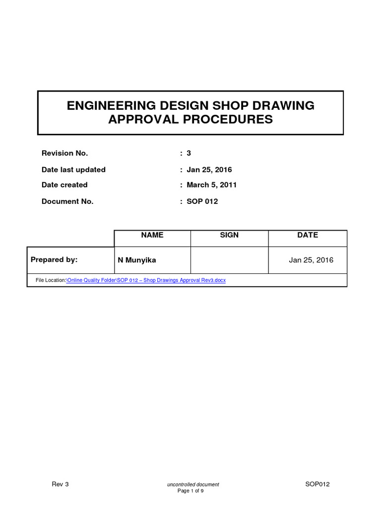 Annexure 3 - SOP 012 - Shop Drawings Approval | PDF | Specification (Technical Standard ...
