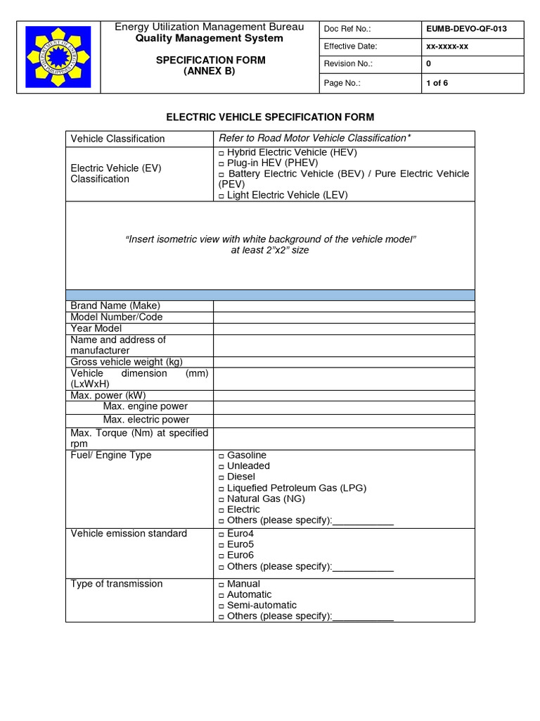 dc2023-05-0012 - Annex B - Electric Vehicle Specification Form | PDF | Computers