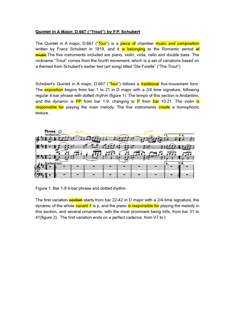 Tina's Analysis Piano Quintet in A Major, D.667, "Tour" | PDF | Musical Compositions | Musical Forms