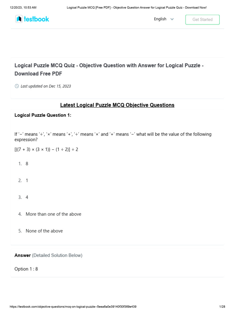 Logical Puzzle MCQ Quiz PDF Download | PDF | Multiple Choice | Quiz