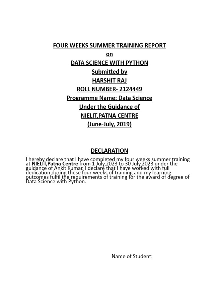 Training Report On Data Science With Python Pdf Python Programming Language Computer Science 0390