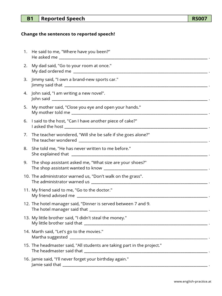 Reported Speech Practice. | PDF