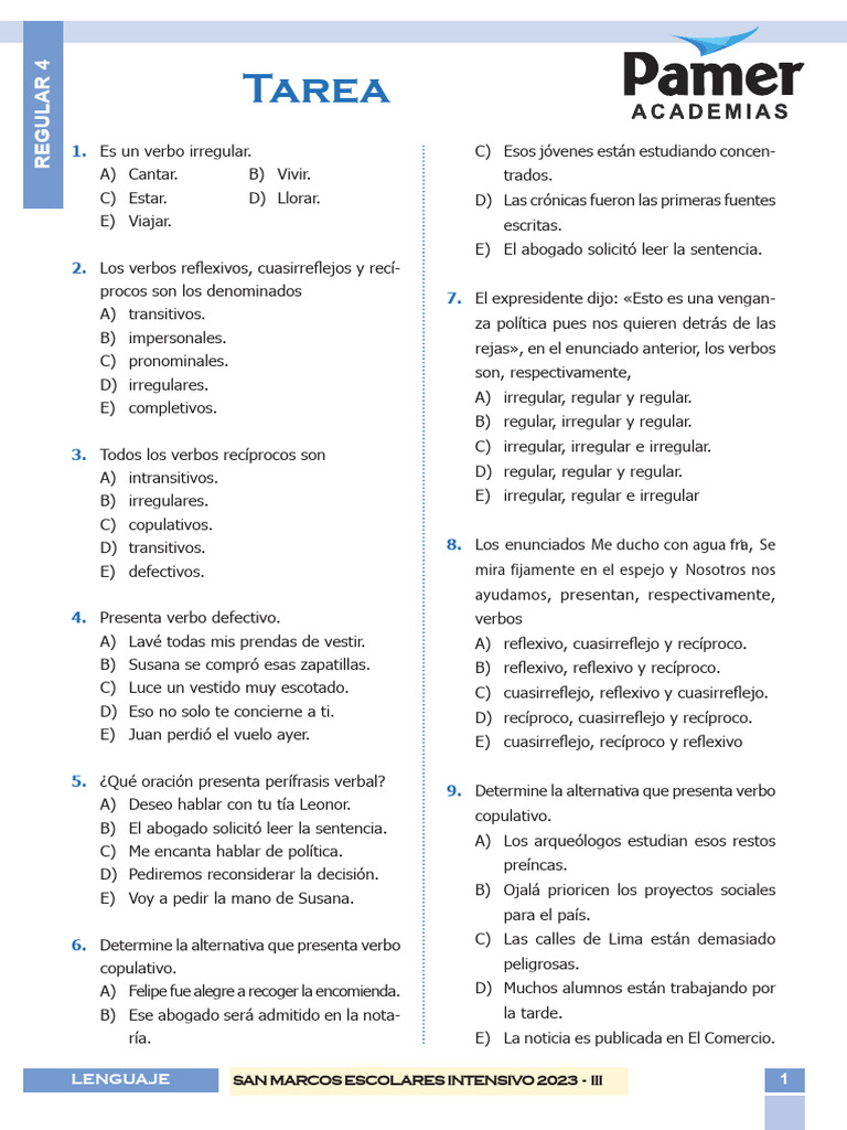 10.lenguaje - Reg 4 - El Verbo II - Tarea | PDF | Verbo | Ciencia cognitiva