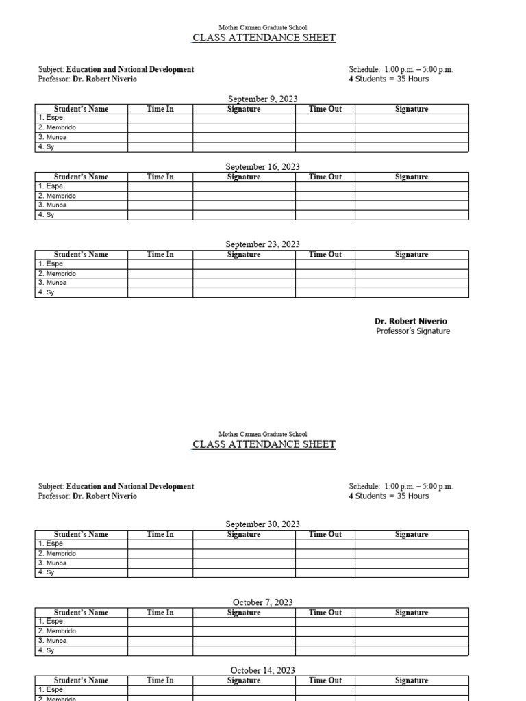 CLASS ATTENDANCE Sample | PDF
