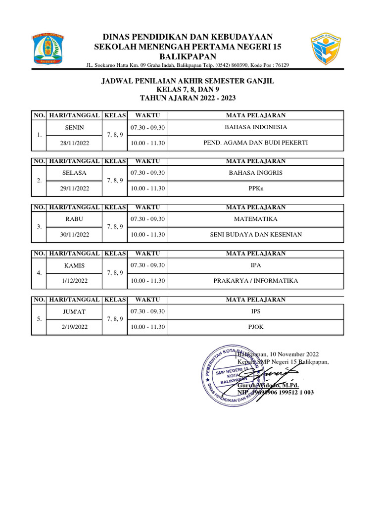 Jadwal Pas Ganjil 2022-2023 Siswa | PDF