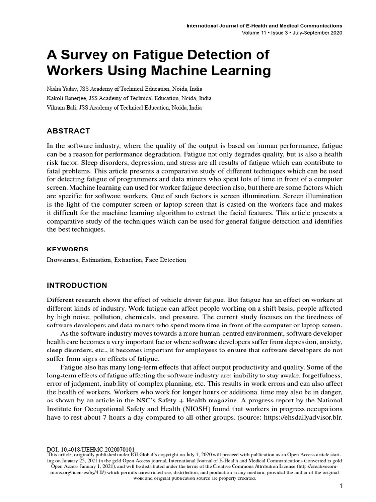 A Survey On Fatigue Detection of Workers Using Machine Learning | PDF | Machine Learning