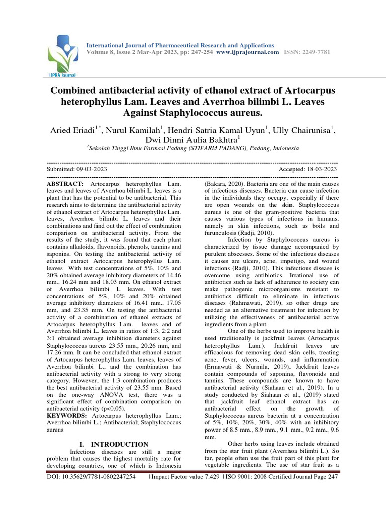 Combined Antibacterial Activity of Ethanol Extract of Artocarpus Heterophyllus Lam. Leaves and ...