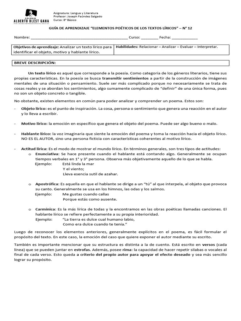 8° Guía12 Elementos Poeticos para Analizar Textos Líricos | PDF ...