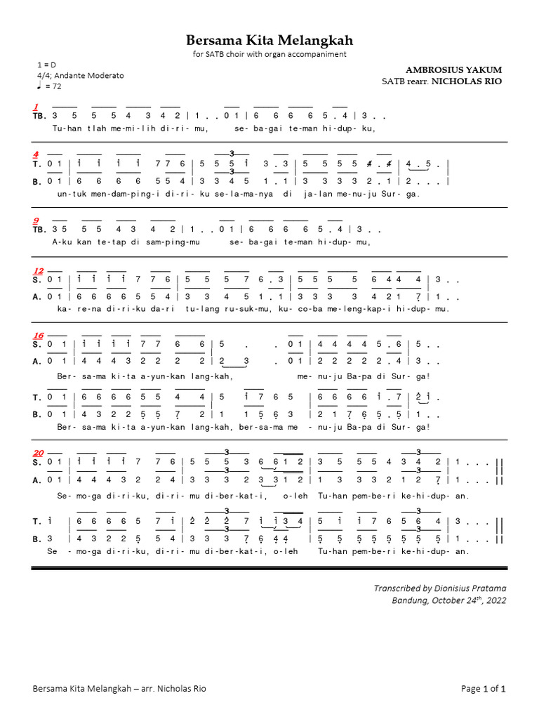 Bersama Kita Melangkah (Ambrosius) - SATB Arr. Nicholas Rio | PDF