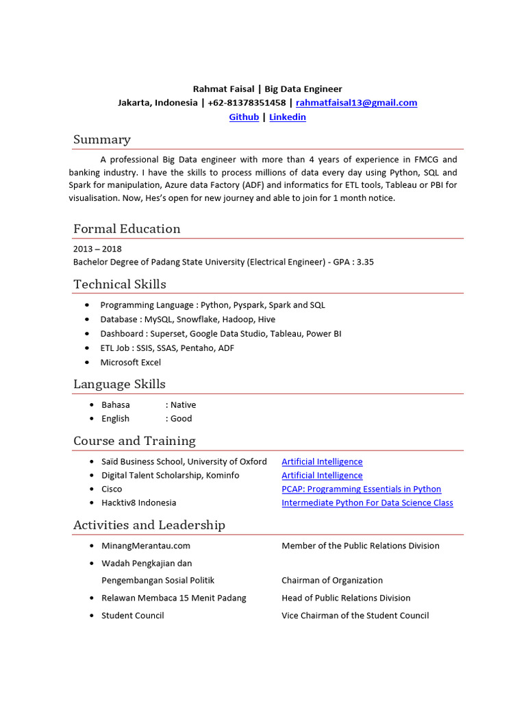Big Data Engineer Resume - Rahmat Faisal | PDF | Systems Science | Computer Science