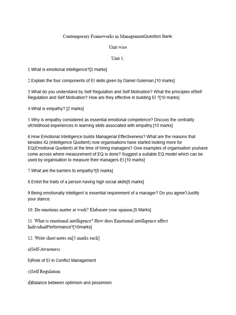 Contemporary Frameworks in Management Unit 1 & 2 Question Bank | PDF