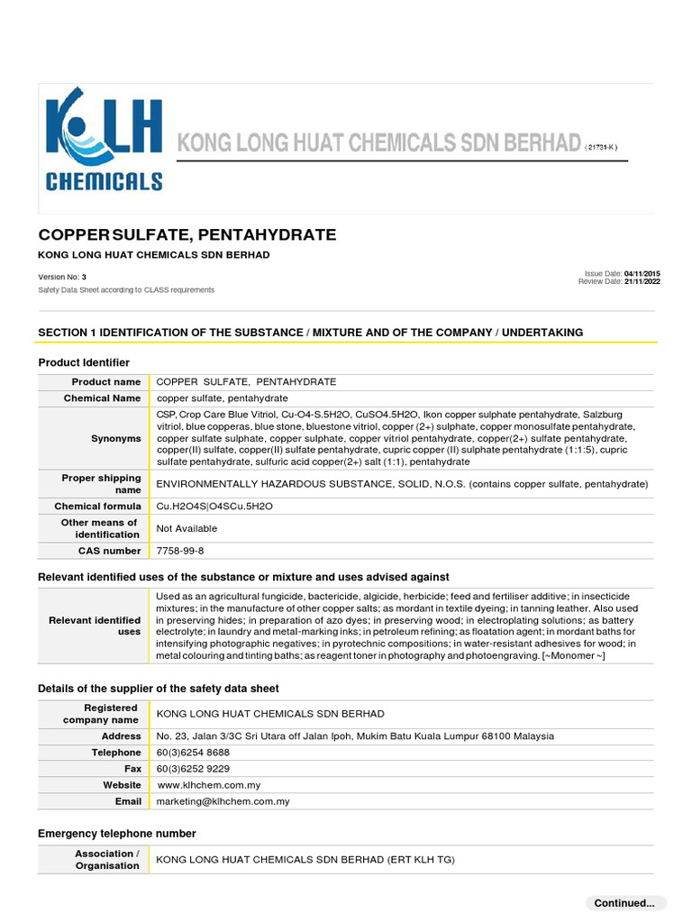 Copper Sulphate Pentahydrate, BI GHS | PDF | Vomiting | Magnesium