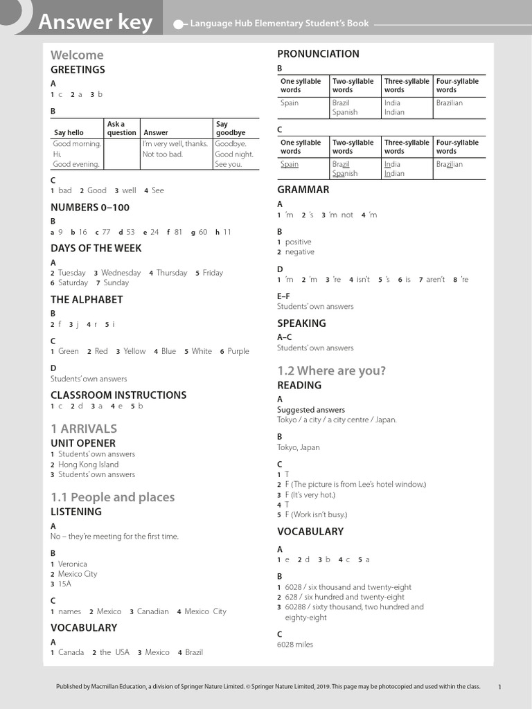 LH - Elementary - Student's Book Answer Key | PDF | Linguistics