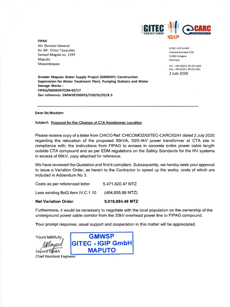 Proposal For Change of Transformer Location at CTA by Achando | PDF