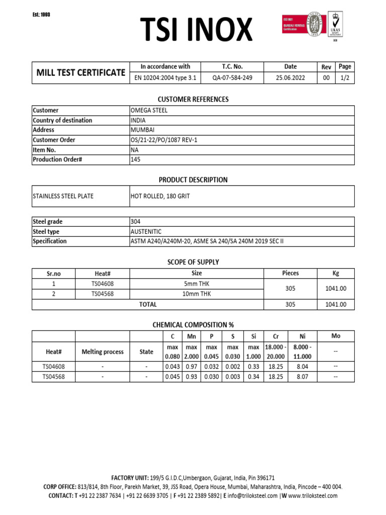 MTC for Stainless Steel Plates | PDF | Steel | Materials Science