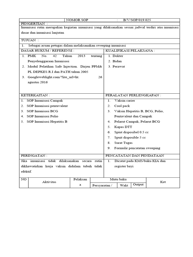 Sop Pelayanan Imunisasi Rutin - Compress | PDF