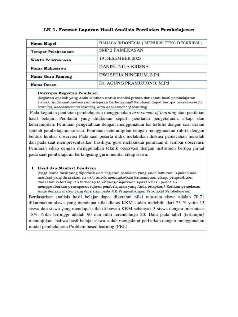 Format Hasil Asesmen Pembelajaran - Daniel Nila Krisna | PDF | Karier ...