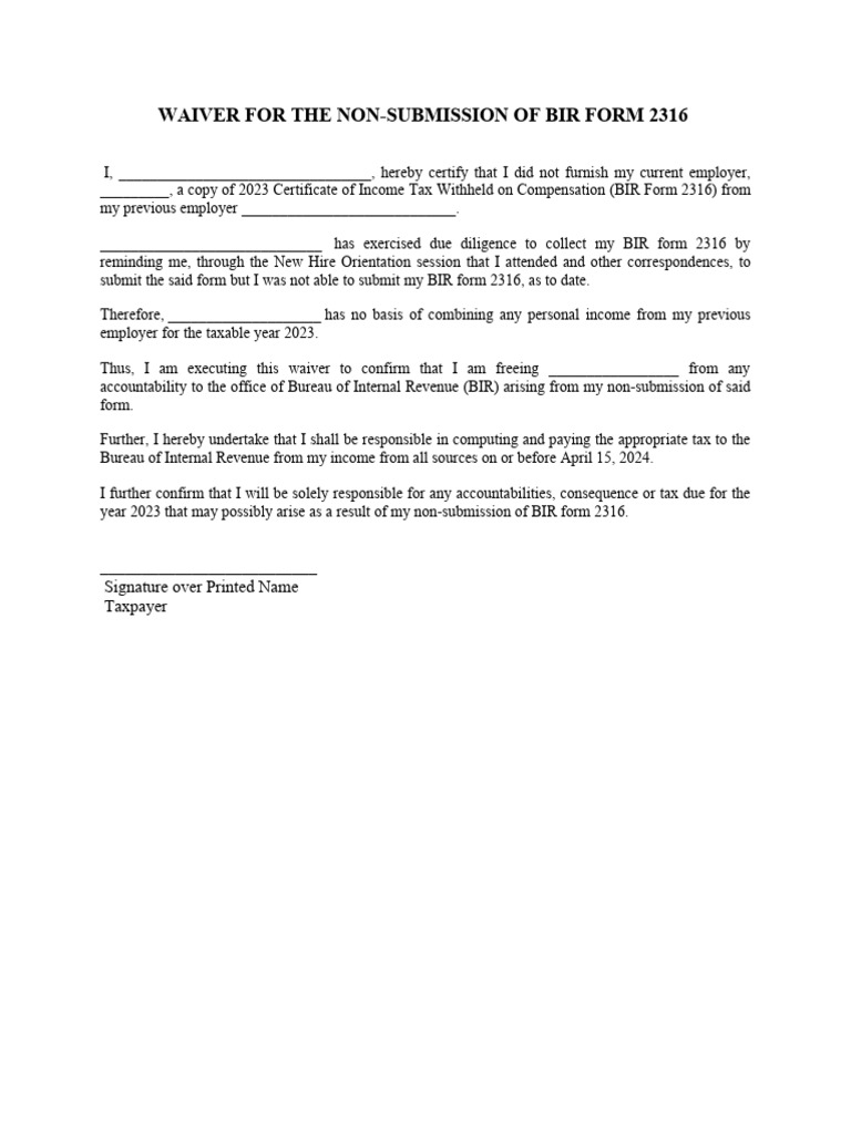 Waiver For The Non-Submission of Bir2316 | PDF | Finance & Money Management