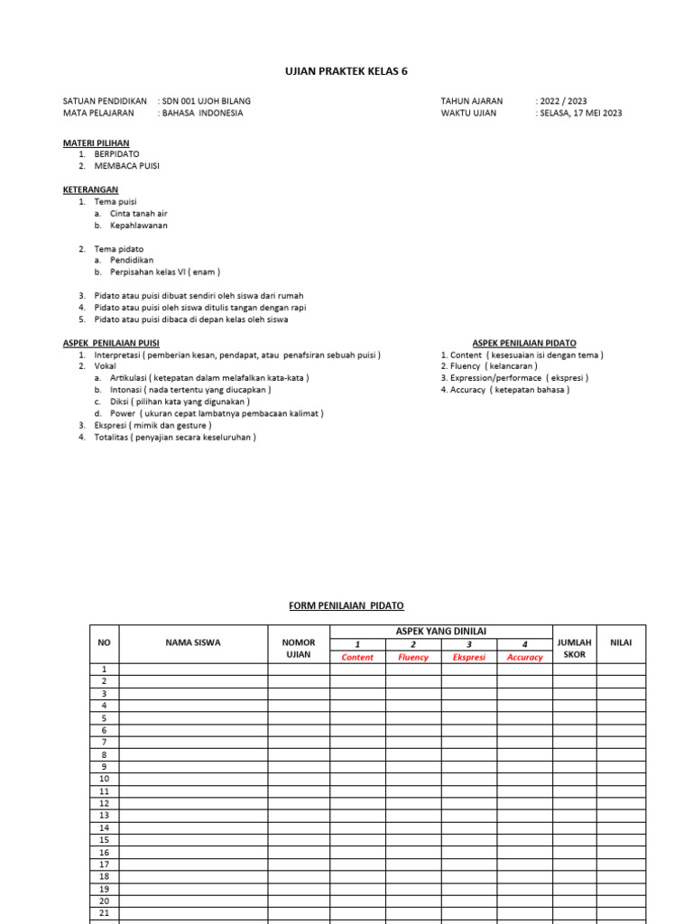 Ujian Praktek Bahasa Indonesia Kelas 6 | PDF