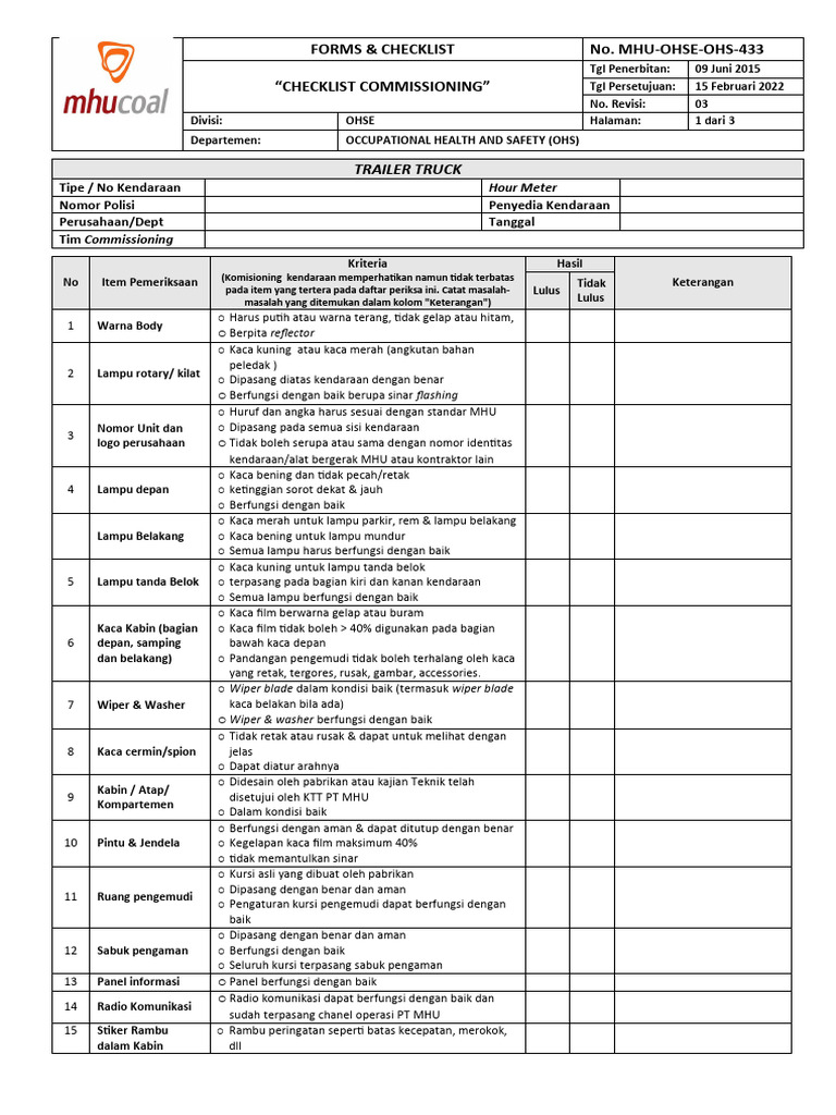 MHU-OHSE-OHS-433 - Checklist Commissioning Trailer Truck - Rev03 - UD | PDF