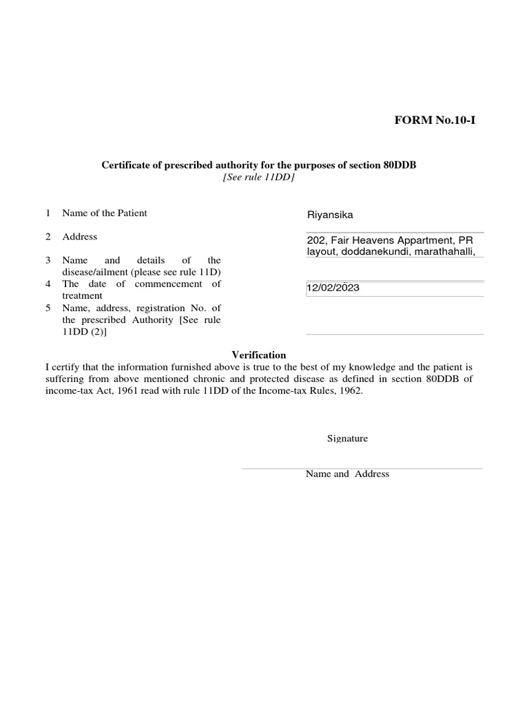 80DDB Form 10-I Certificate Template | PDF
