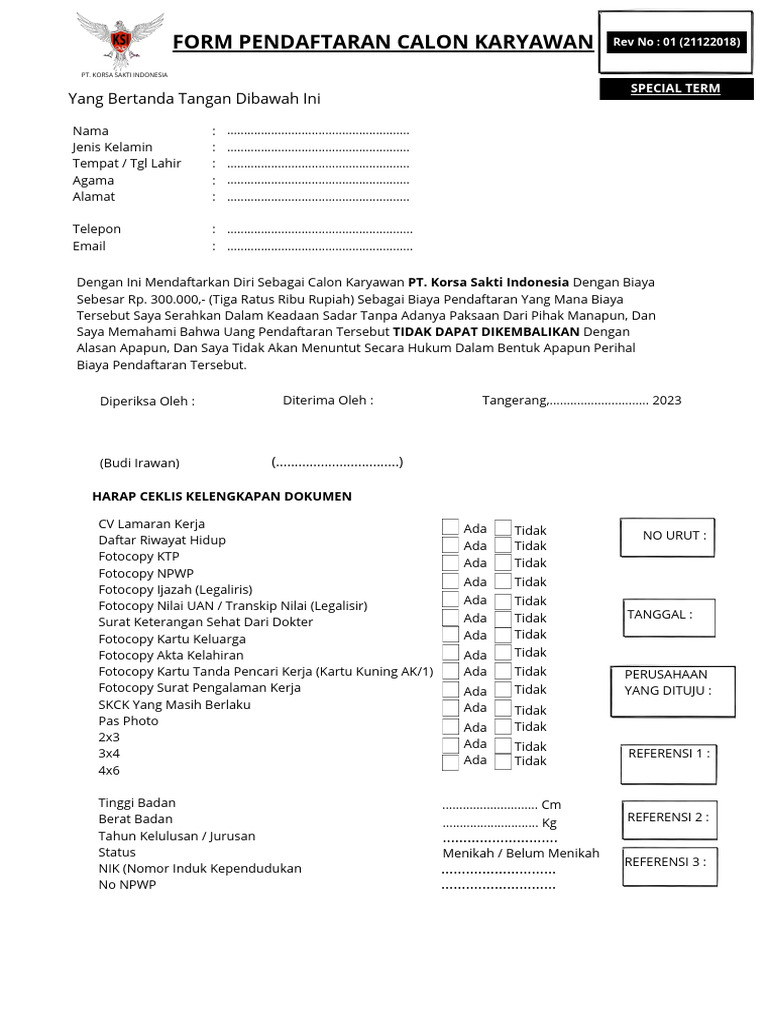 Form Pendaftaran Karyawan PT Korsa | PDF