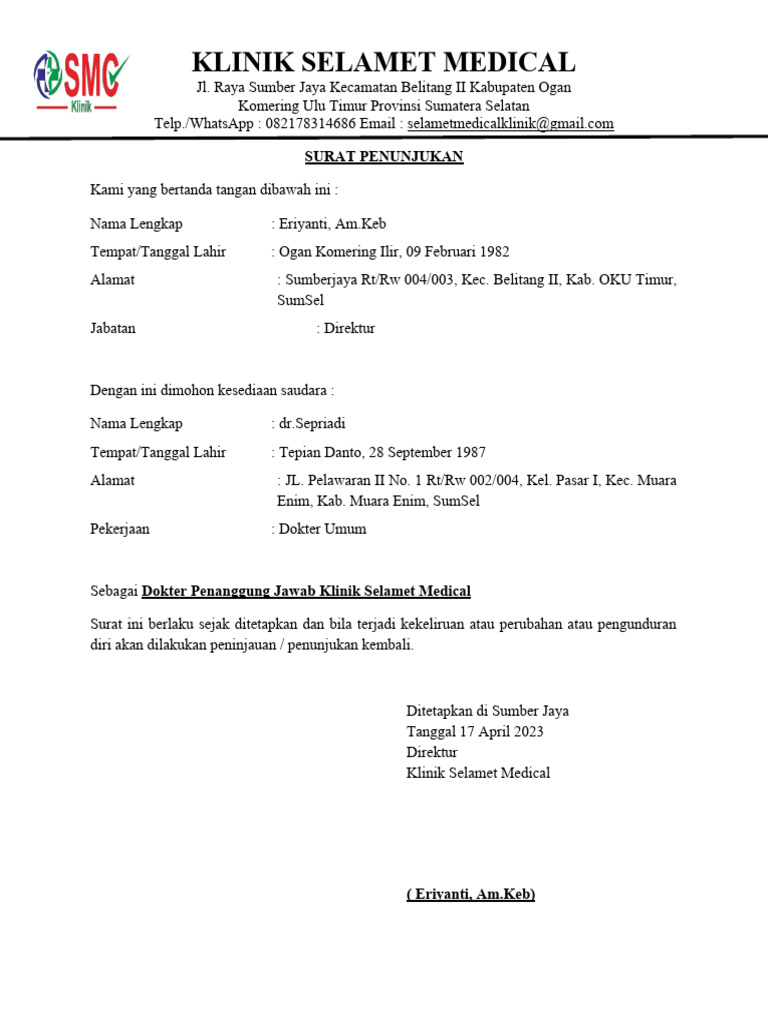 Surat Penunjukan Dokter Klinik Selamet | PDF