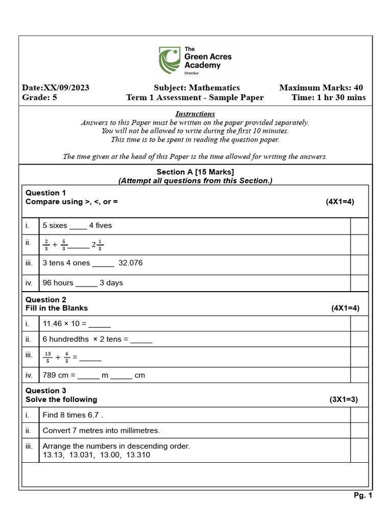 Green Acres - STD 5 (2023-24) - Sem 1 (Sample Paper) (Q) | PDF | Data ...