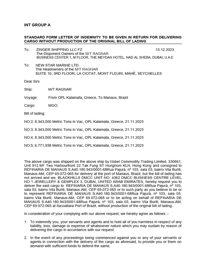 Indemnity Letter for Cargo Delivery | PDF | Business
