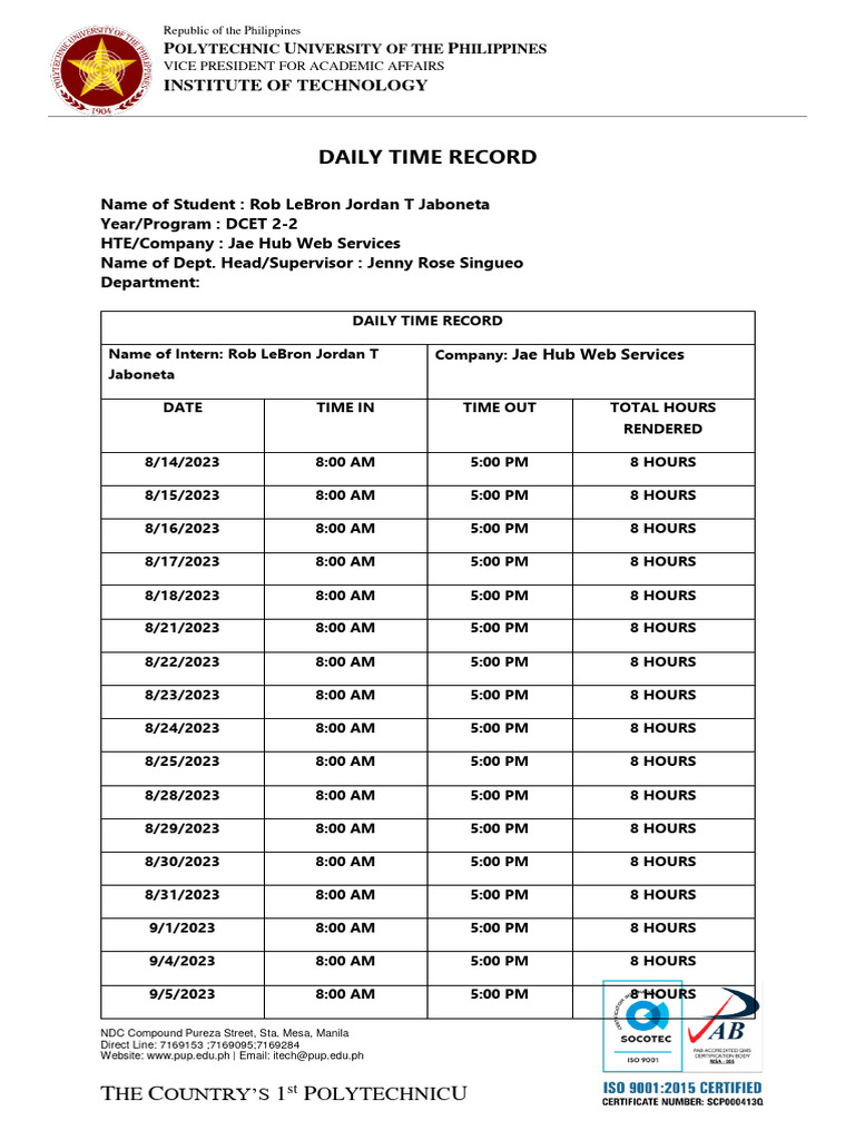 Daily Time Record | PDF