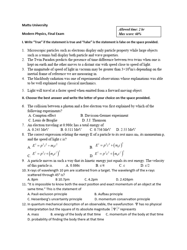 Modern Physics, Final Exam | PDF