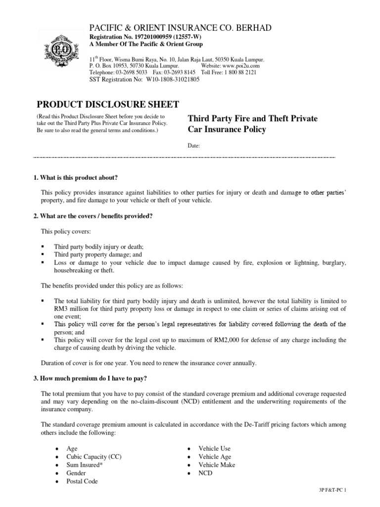 Third Party Fire and Theft - Product Dislosure Sheet - English | PDF