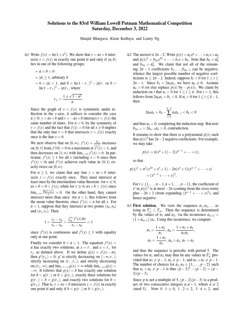 Solutions To The 83rd William Lowell Putnam Mathematical Competition ...
