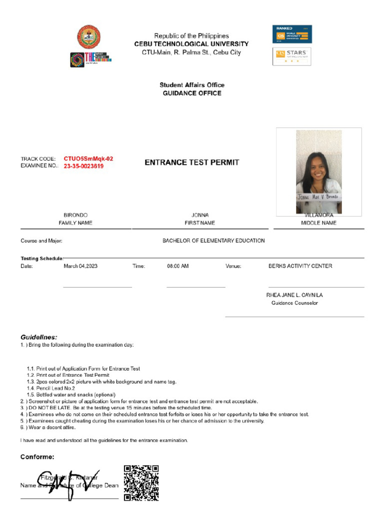 Entrance Test Permit | PDF