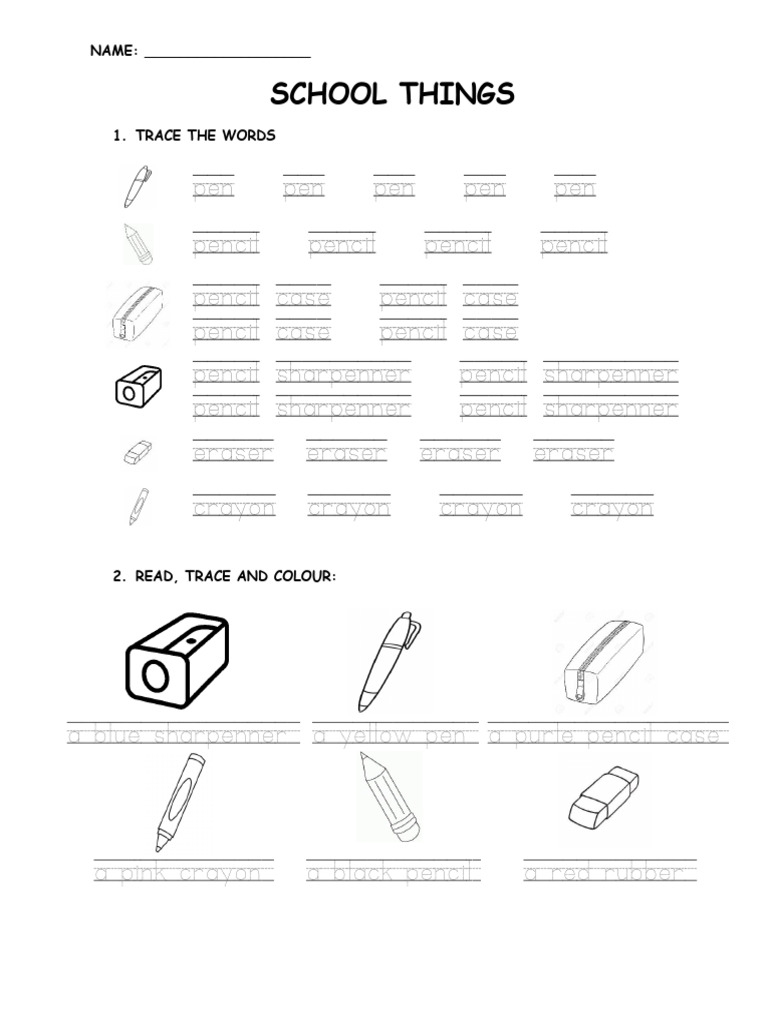 A Blue Sharpenner A Yellow Pen A Purle Pencil Case: School Things | PDF