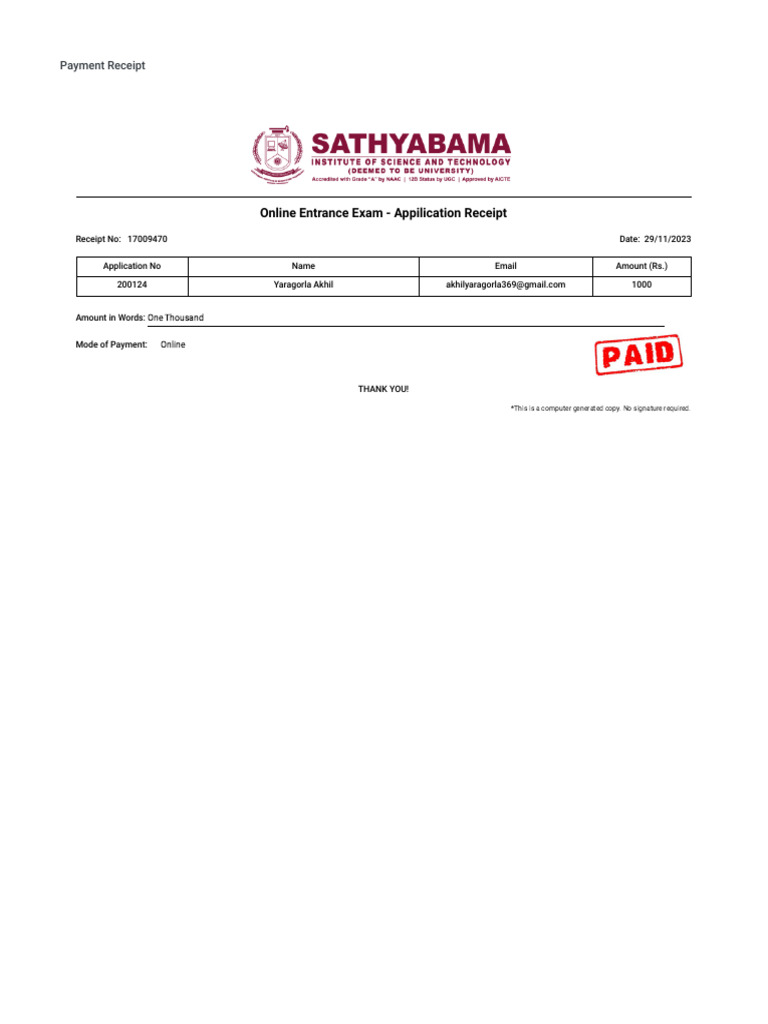 Sathyabama FEE Portal | PDF