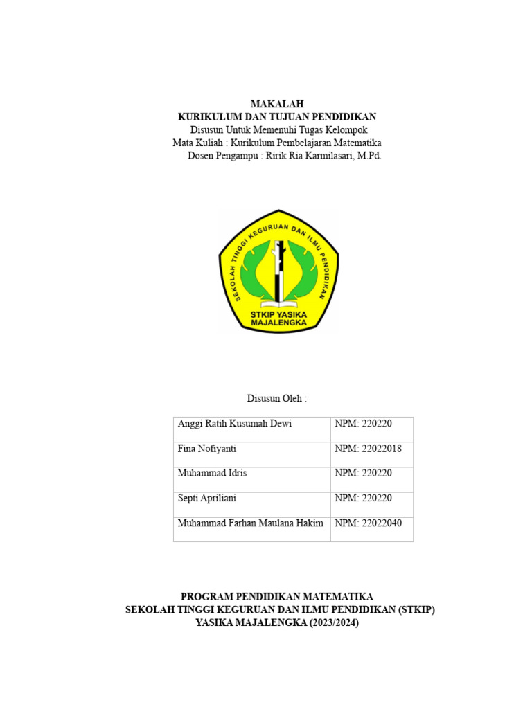 Makalah Kurikulum Dan Tujuan Pendidikan, Kel-1, Kurikulum Pembelajaran Matematika, 3 B Dikmat ...