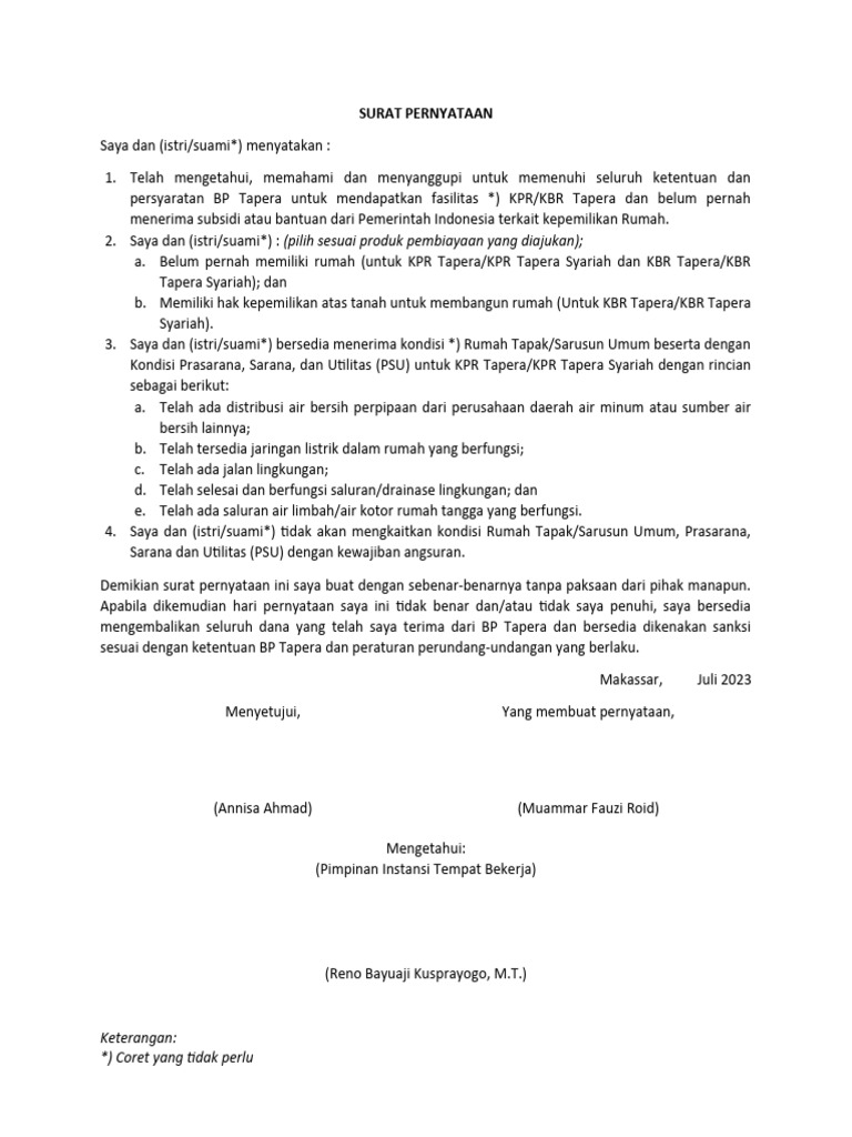 Surat Pernyataan Tapera | PDF Surat Pernyataan Tapera | PDF