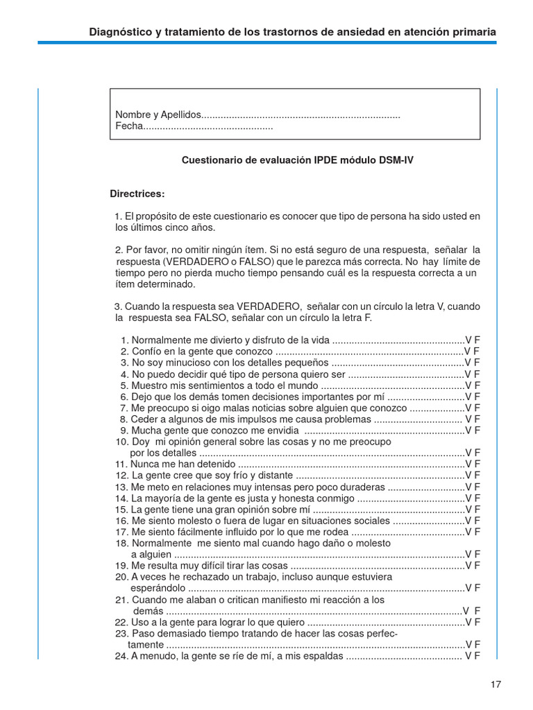 IPDE DSM-IV - cuestionario | PDF | Ansiedad | Trastorno de ansiedad