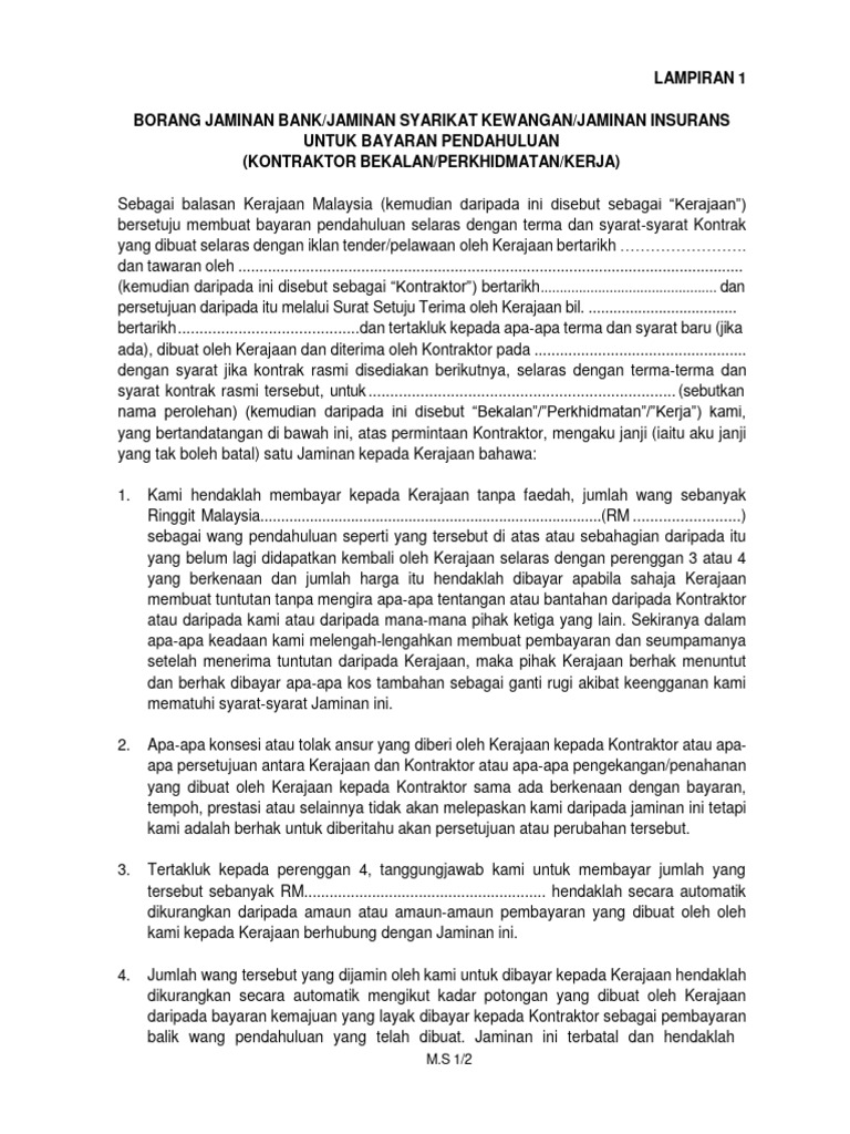 Borang Jaminan Bank/jaminan Syarikat Kewangan/jaminan Insurans Untuk Bayaran Pendahuluan ...
