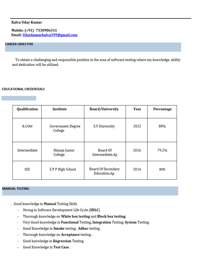 Uday Kumar Fresher - Manual Testing | PDF | Sql | Knowledge Uday Kumar Fresher - Manual Testing | PDF | Sql | Knowledge
