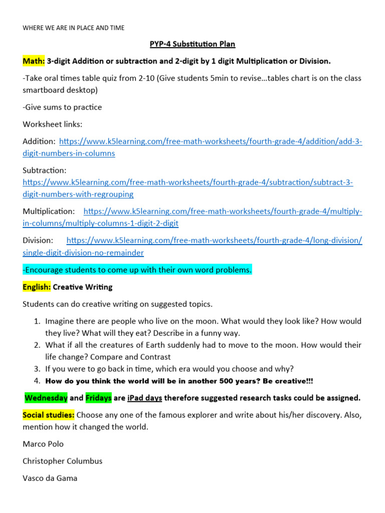 PYP-4 WHERE WE ARE IN PLACE AND TIME Substitution Plan | PDF