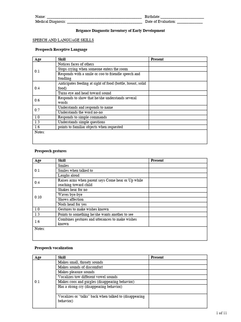 Brigance Early Development Assessment | PDF | Question | Word