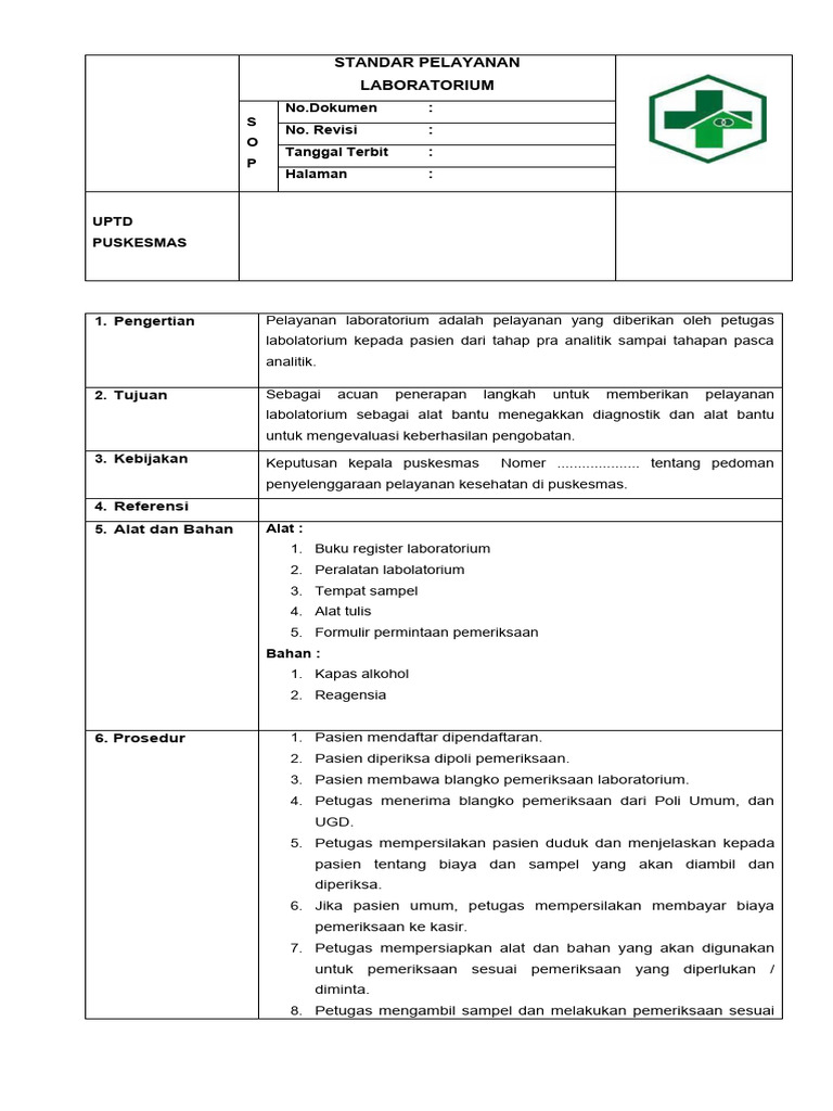 Sop Standar Pelayanan Laboratorium | PDF